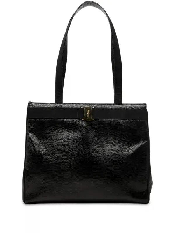FERRAGAMO 2000-2026 Lizard Embossed Leather Vara Tote Bag - Black