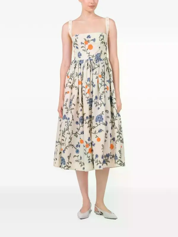 Agua Bendita Ivory Linen Floral Midi Dress