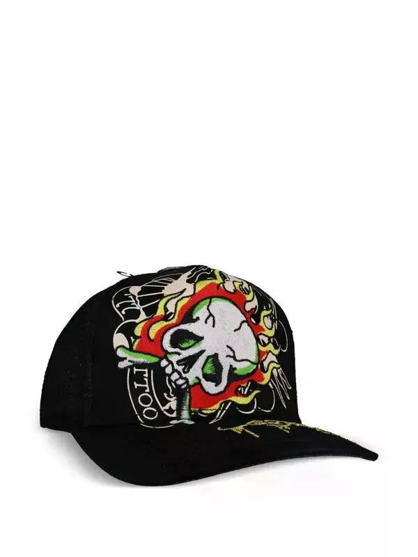 Ed Hardy Embroidered Skull Motif Trucker Cap - Black