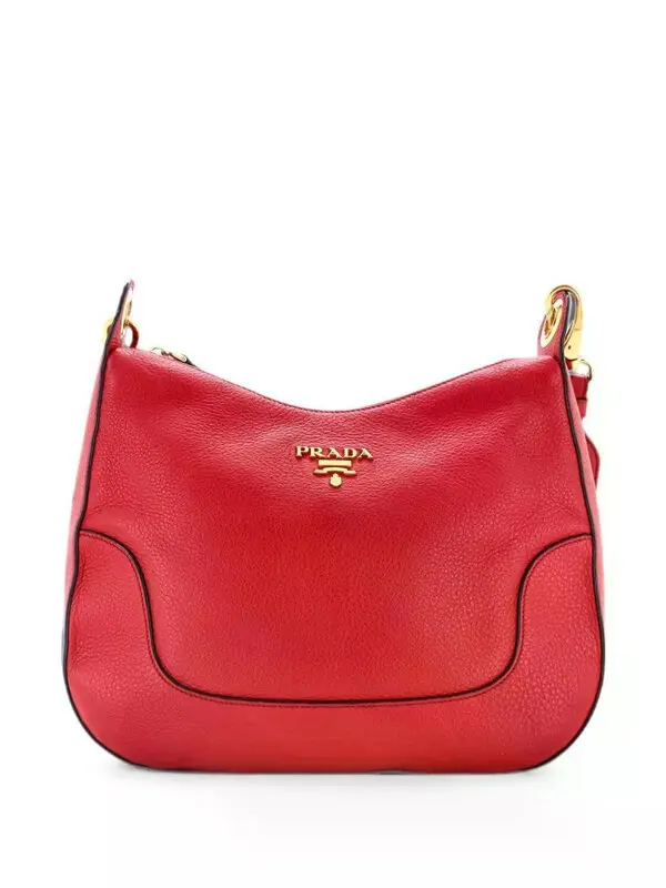 Prada Striped Strap Zip Hobo Vitello Daino Medium Crossbody Bag - Red