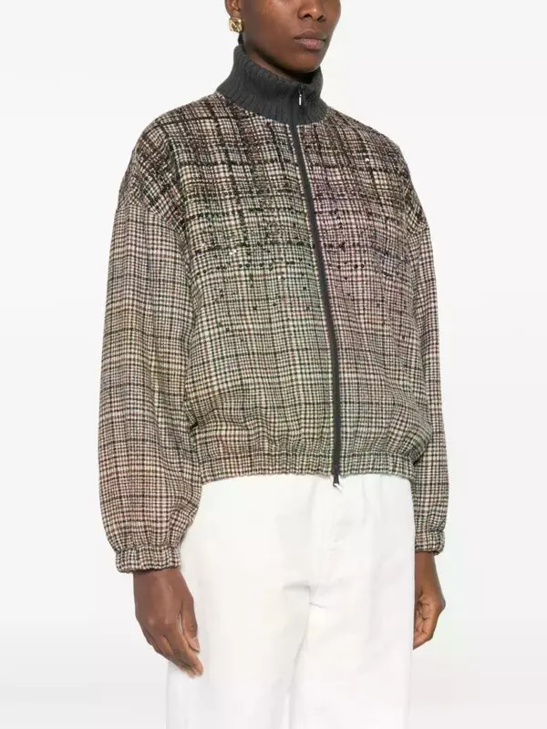 Brunello Cucinelli Sequin-embellished Check Bomber Jacket - Brown