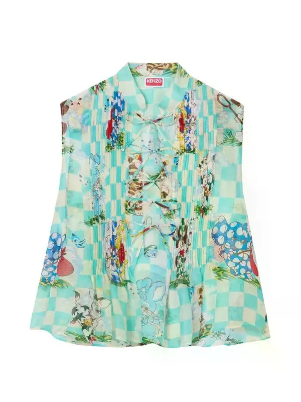 Kenzo Checkered Lace-up Top - Green