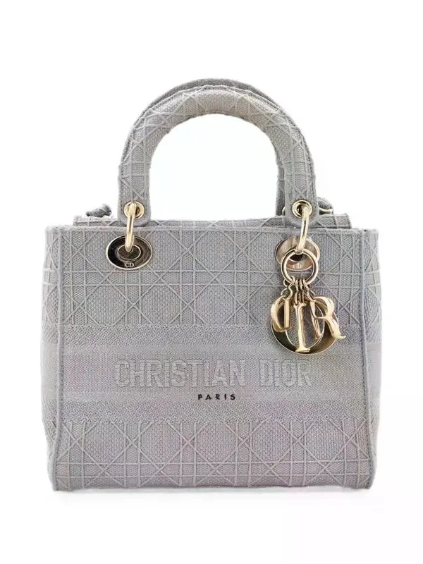 Dior Lady D-lite Bag Cannage Embroidered Canvas Medium Satchel - Grey