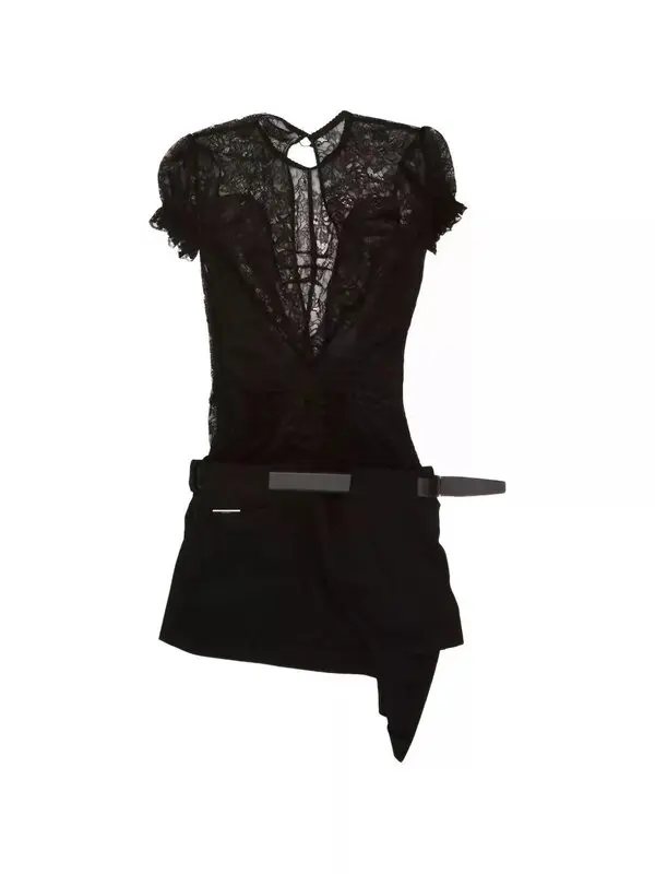 Attico Belted Lace-panelled Dress - Black