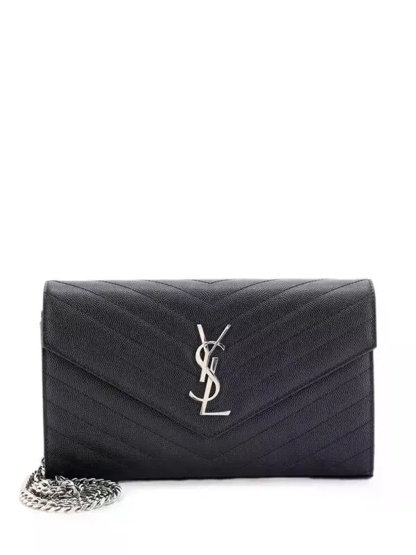 Saint Laurent Classic Monogram Wallet On Chain Matelasse Chevron Leather Medium Crossbody Bag - Black