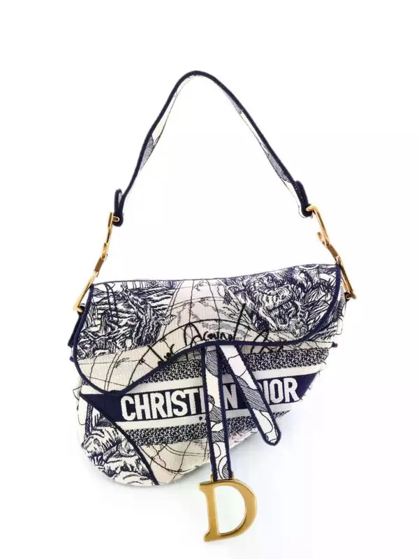 Dior Saddle Bag Logo Embroidered Canvas Medium Shoulder Bag - Blue