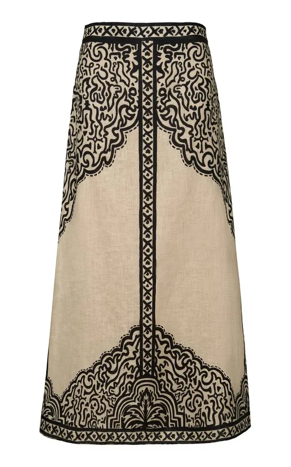 Johanna Ortiz Loose Horizon Embroidered Linen Maxi Skirt - Tan