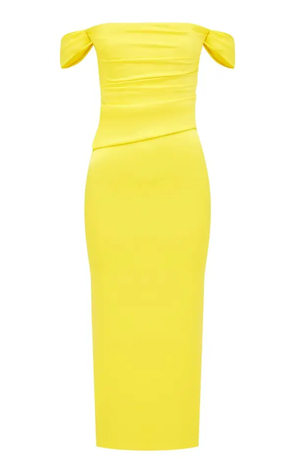 Alex Perry Off Shoulder Tucked Dress In Satin Crepe - Yellow