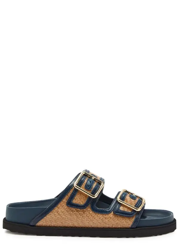 BIRKENSTOCK Arizona Framed Raffia And Leather Sliders - Navy