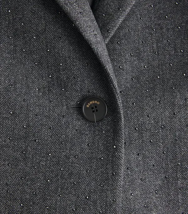 Sandro Wool Rhinestone Long Coat - Black