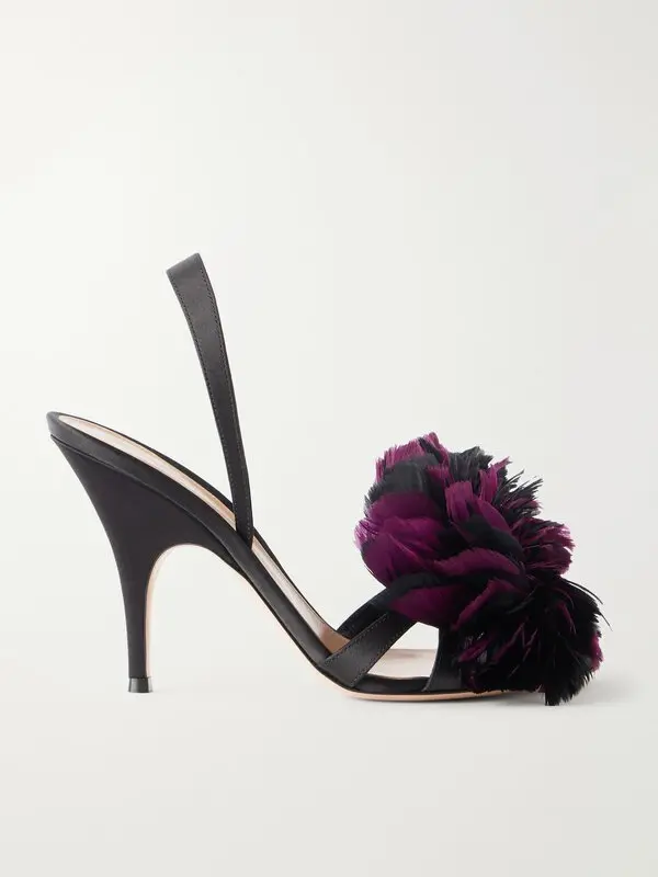 GIANVITO ROSSI 95 Feather-embellished Satin Sandals