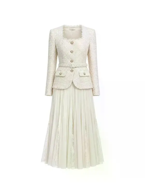 SELF-PORTRAIT Cream Tailored Boucle And Chiffon Midi Dress - Neutrals