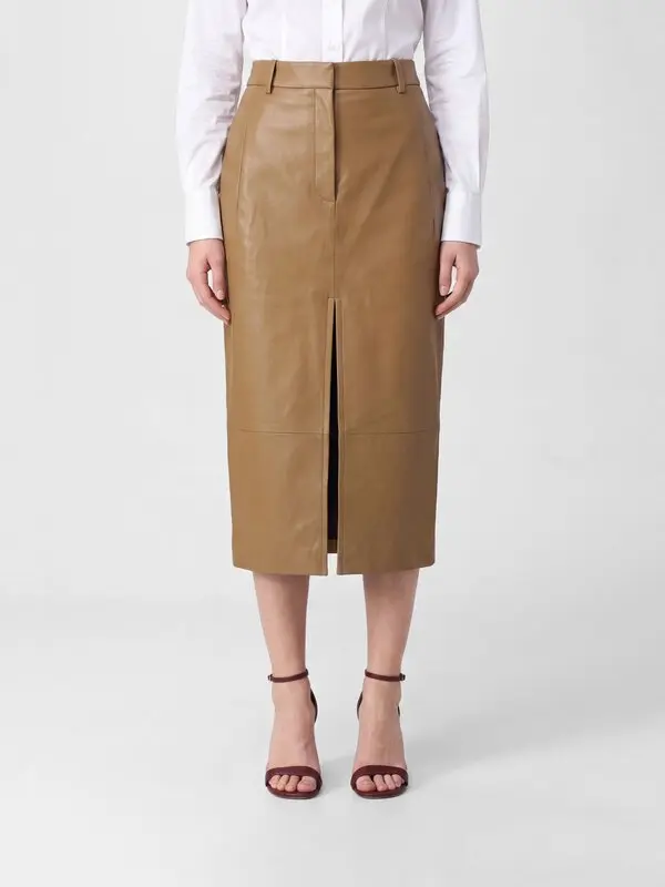 Khaite High-waisted Midi Pencil Skirt In Lambskin With A Front Slit - Gold
