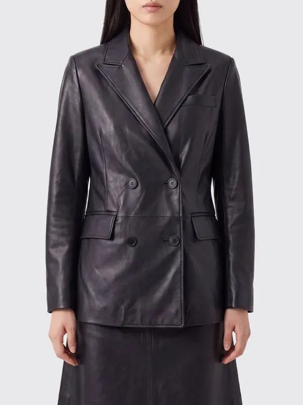 SALVATORE SANTORO Double-breasted Ovine Leather Blazer With Classic Lapels - Navy