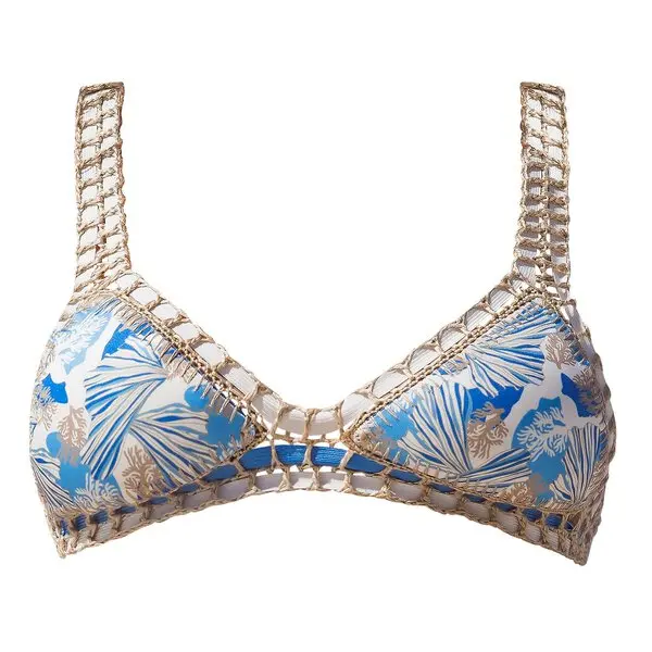 LUXSEA SWIMWEAR Reversible Tropical Print/ Crochet Bikini Top - Blue