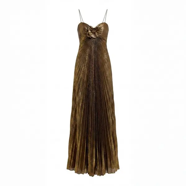 Mac Duggal Sleeveless Metallic Pleated Gown With Flower Accent - Gold