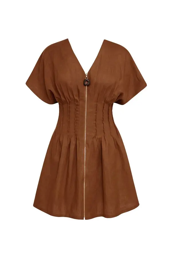 EXQUISE Short Sleeve Linen Mini Dress