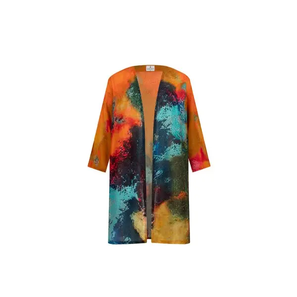 DHARA SHETH, DUBAI Orange / Blue Canvas & Chaos Printed Abstract Short Kimono Orange ,blue & Multicolor Cover Up - Orange/blue