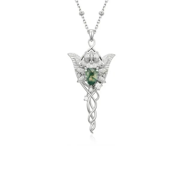 AZURA JEWELRY NEW YORK Evenfall Star Moss Agate Necklace White Gold Vermeil - Silver