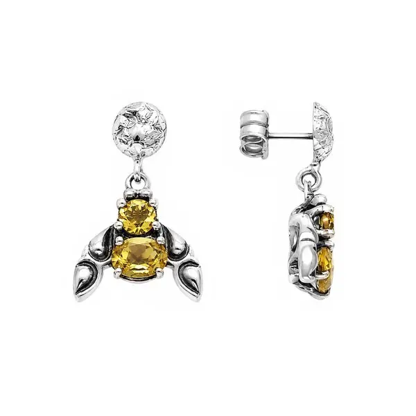 UNALOE Silver / Yellow Sterling Silver Insect Drop Earrings – Handcrafted Jewelry With Two Faceted Quartz Stones - Silver/yellow