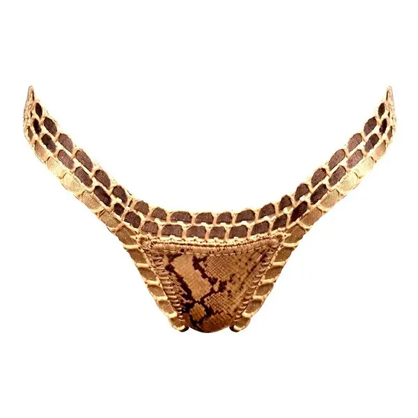 LUXSEA SWIMWEAR Anya Snake Print Crochet Bikini Bottom - Beige/brown