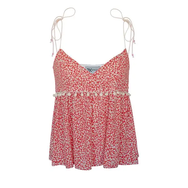 2KSTYLE Jean Pom-pom Embellished Printed Viscose Camisole Top - Orange