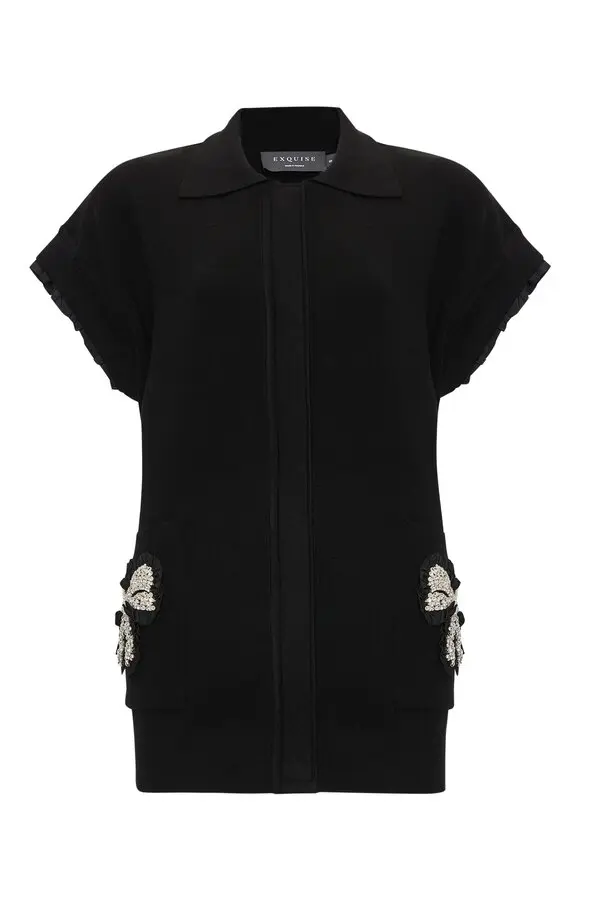 EXQUISE Stone Pocket Detail Collar Knit Vest - Black