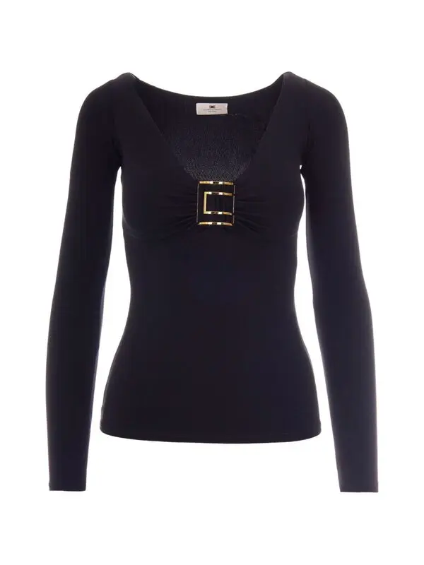 Elisabetta Franchi V-neck Long-sleeve Sweater With Golden Metal Logo Detail