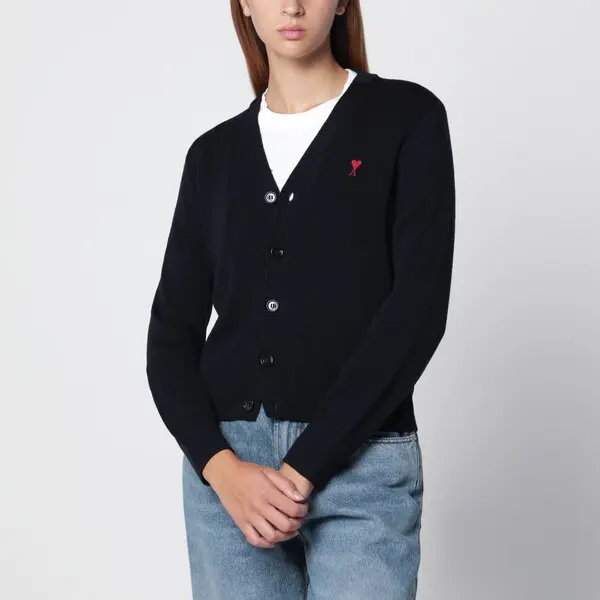 AMI Paris Navy De Coeur Wool Cardigan - Blue