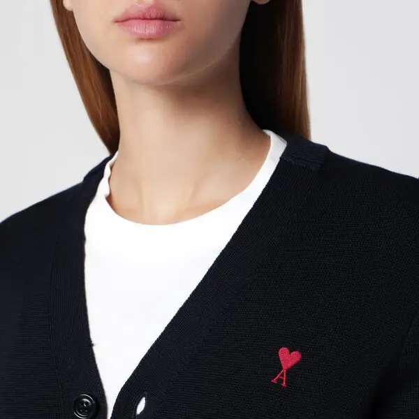 AMI Paris Navy De Coeur Wool Cardigan