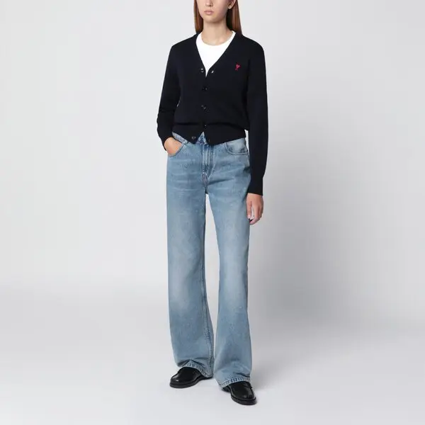 AMI Paris Navy Wool Cardigan With Red De Cœur Embroidery