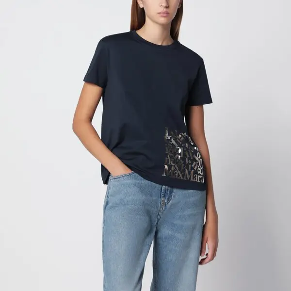Max Mara Navy Cotton T-shirt With Logo Print - Blue