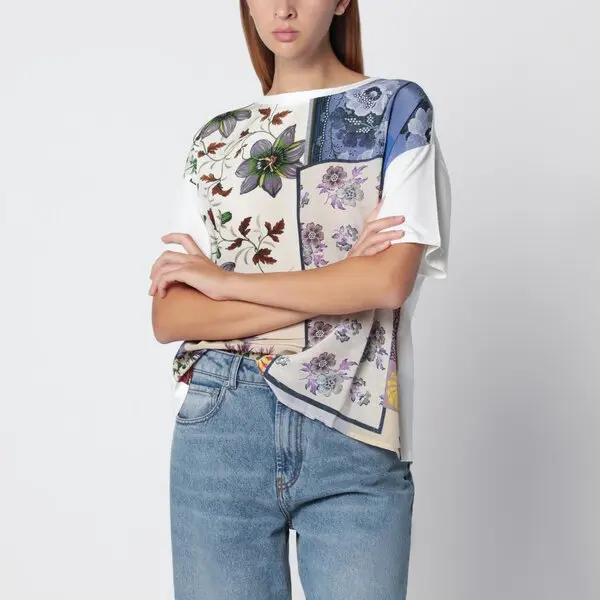 Max Mara T-shirt In Printed Silk And Stretch Cotton Jersey - Multicolor