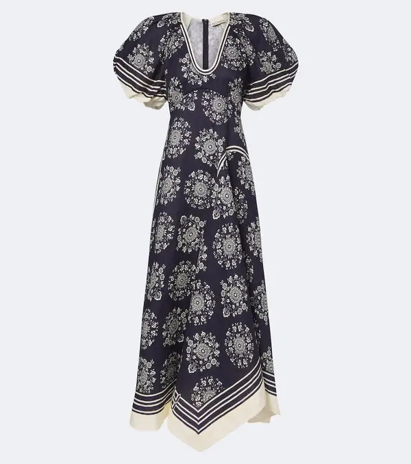 ALEMAIS Banderra Floral Linen Midi Dress - Blue