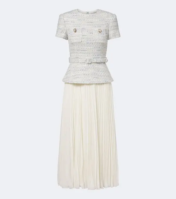 SELF-PORTRAIT Belted Boucle And Chiffon Midi Dress