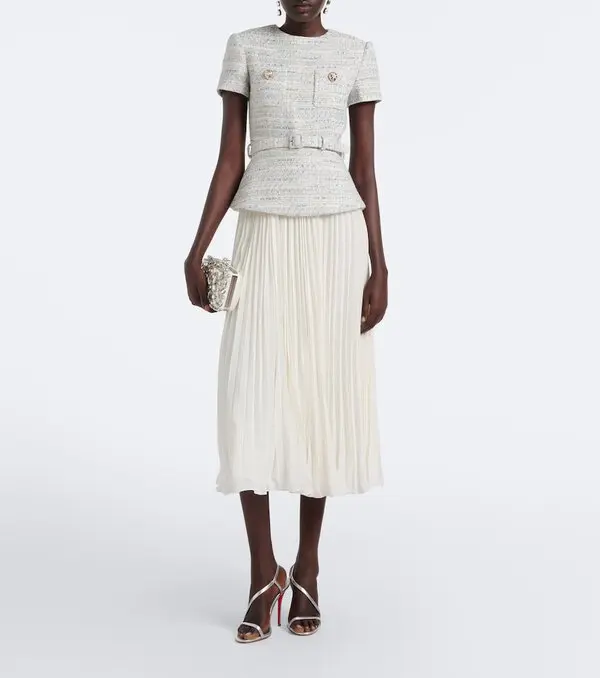 SELF-PORTRAIT Belted Boucle And Chiffon Midi Dress