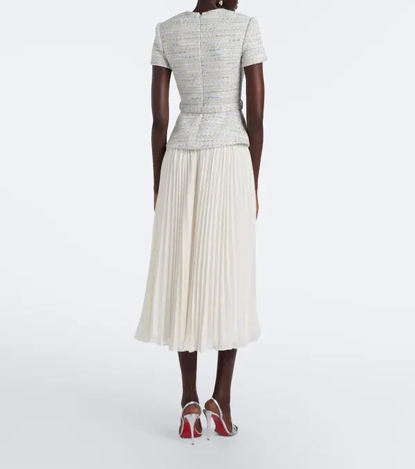 SELF-PORTRAIT Belted Boucle And Chiffon Midi Dress