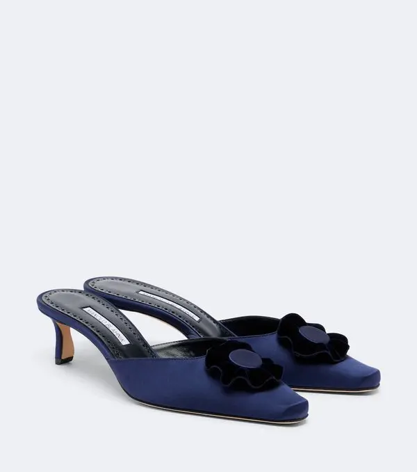 Manolo Blahnik Caulon Floral-applique Silk Satin Mules - Blue