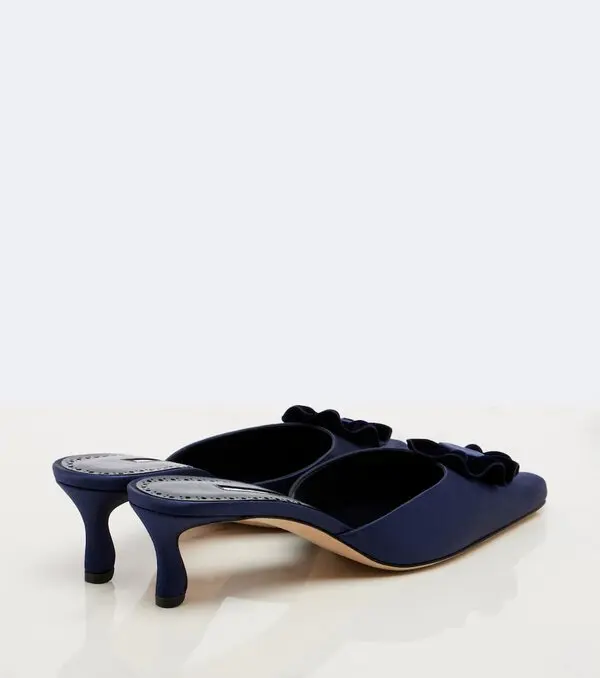 Manolo Blahnik Floral Appliqué Silk Satin Mules - Blue