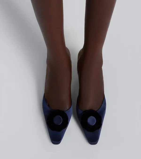 Manolo Blahnik Floral Appliqué Silk Satin Mules - Blue