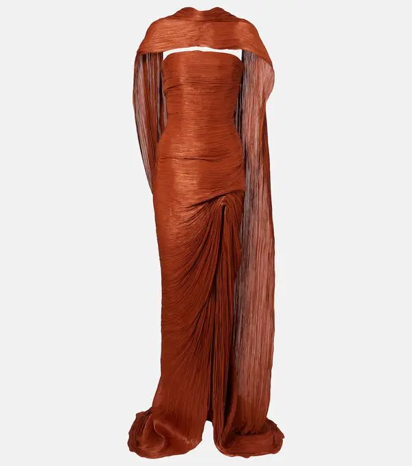 MARMAR HALIM Pleated Taffeta Bustier Gown And Scarf Set - Orange