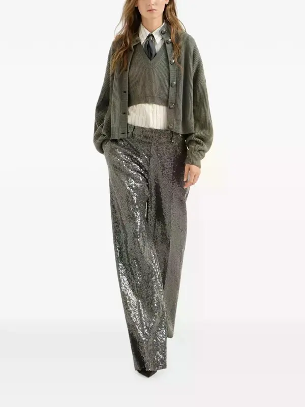 Brunello Cucinelli Dazzling Texture Embroidery Loose Flared Trousers In Virgin Wool Flannel - Grey