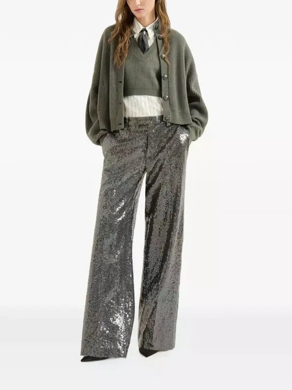 Brunello Cucinelli Virgin Wool Flannel Loose Flared Trousers With Dazzling Texture Embroidery