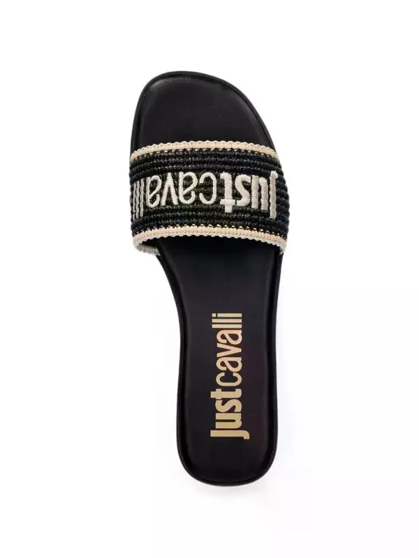 Just Cavalli Logo-embroidered Raffia-effect Flat Sandals