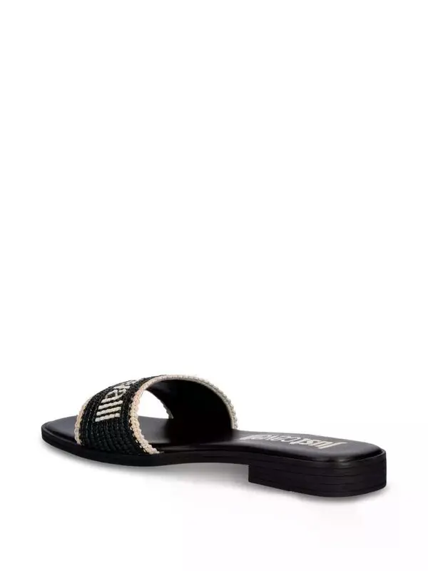 Just Cavalli Logo-embroidered Raffia-effect Flat Sandals - Black