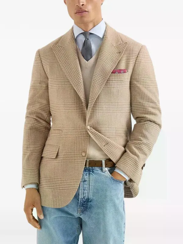 Brunello Cucinelli Comfort Wool And Cashmere Prince Of Wales Flannel Deconstructed Blazer With Large Peak Lapels - Neutrals