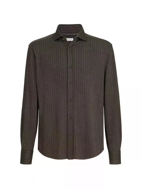 Brunello Cucinelli Virgin Wool, Silk And Cotton Chalk Stripe Piqué Shirt With Spead Collar