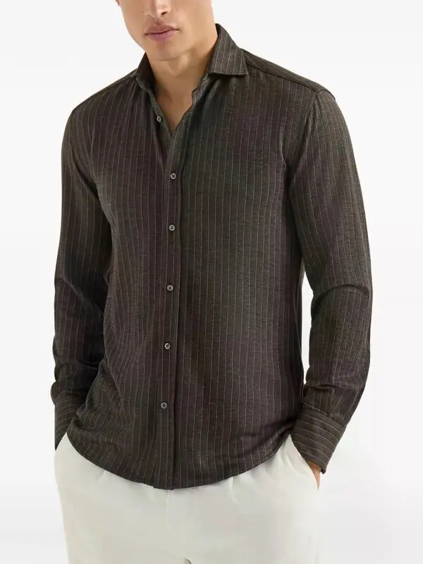 Brunello Cucinelli Virgin Wool, Silk And Cotton Chalk Stripe Piqué Shirt With Spead Collar