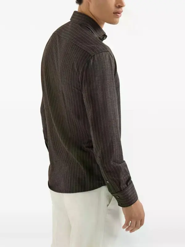 Brunello Cucinelli Virgin Wool, Silk And Cotton Chalk Stripe Piqué Shirt With Spead Collar
