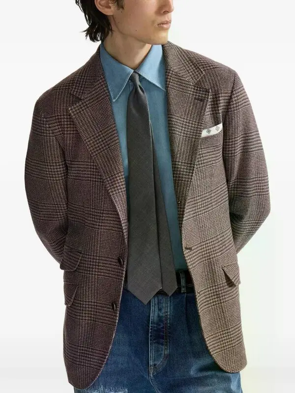 Brunello Cucinelli Comfort Wool And Cashmere Prince Of Wales Flannel Deconstructed Cavallo Blazer - Brown
